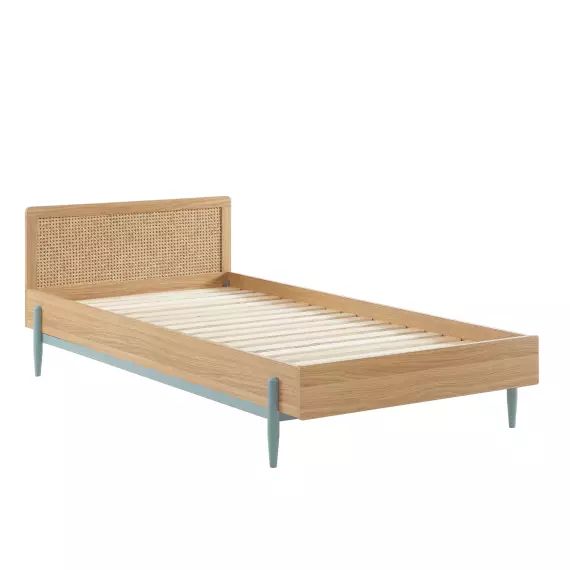 Lit enfant bleu et cannage rotin 90x190 sommier inclus Baita - Mr ...