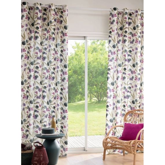 Rideau à œillets et motifs écrus, verts et roses à l'unité 135x250 ...